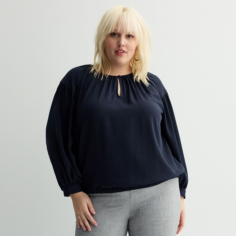 Plus Size Nine West Keyhole Elastic Waist Blouse