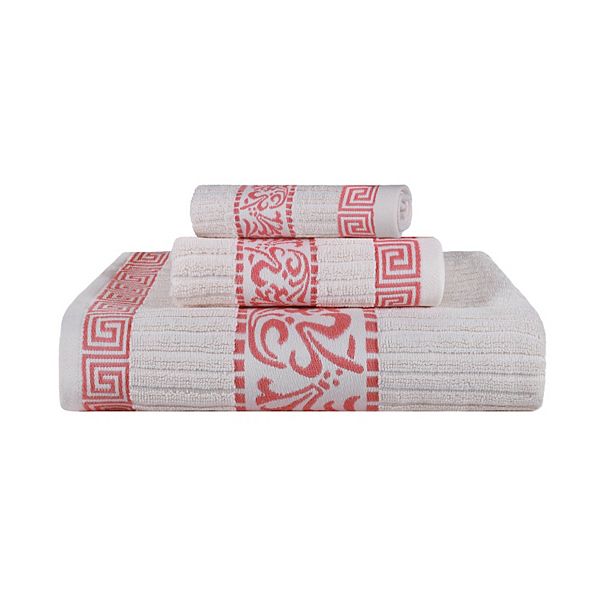 SUPERIOR 3 pc Athens Cotton With Greek Scroll & Floral Pattern Towel Set