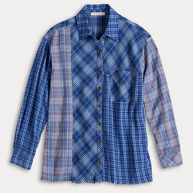 Juniors' Rewind Oversized Mixed Plaid Flannel Button Front Shirt
