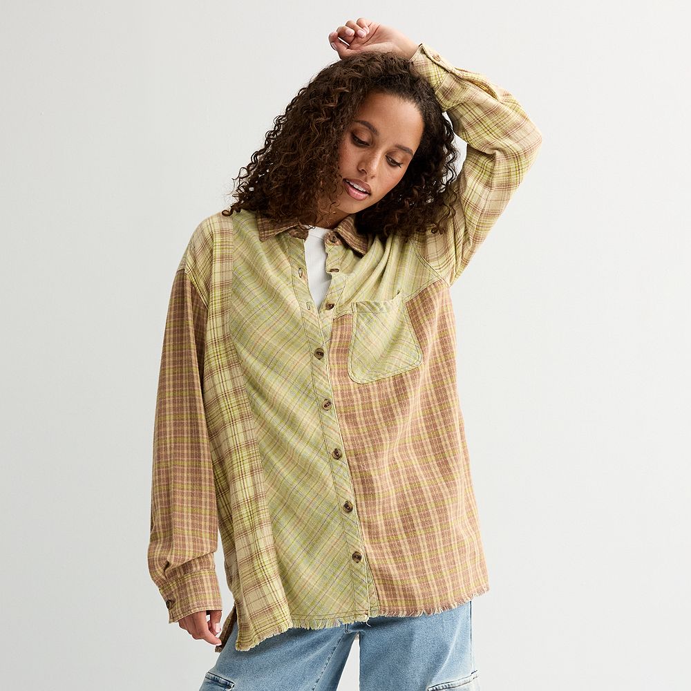 Juniors' Rewind Oversized Mixed Plaid Flannel Button Front Shirt