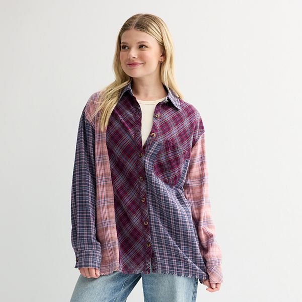 Juniors' Rewind Oversized Mixed Plaid Flannel Button Front Shirt
