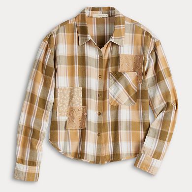 Juniors' Rewind Cropped Patchwork Flannel Button Front Shirt