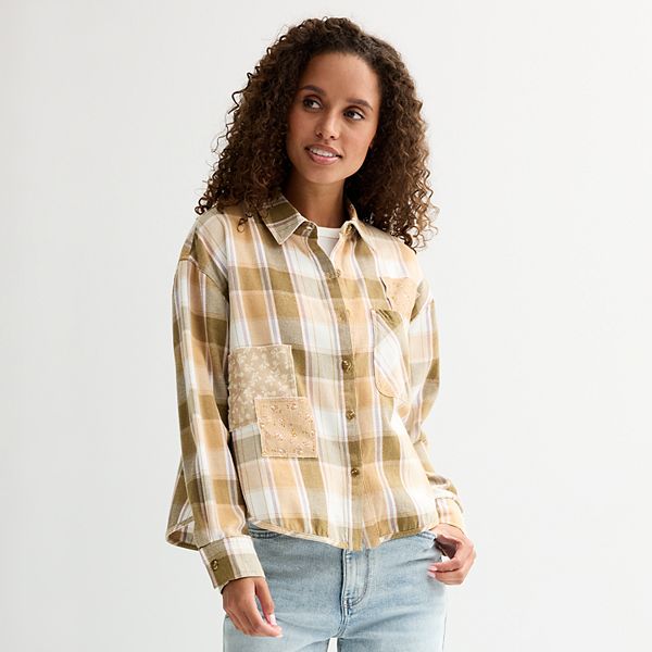 Juniors' Rewind Cropped Patchwork Flannel Button Front Shirt