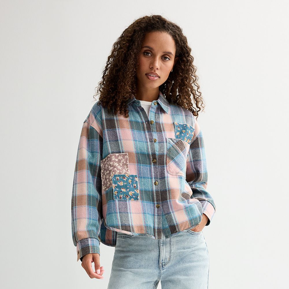 Juniors' Rewind Cropped Patchwork Flannel Button Front Shirt