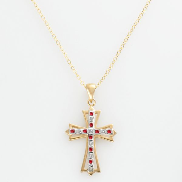 18k Gold-Over-Silver Ruby and Diamond Accent Cross Pendant