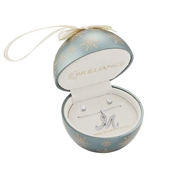 Brilliance Cubic Zirconia Stud Earrings & Script Initial Pendant Necklace Set