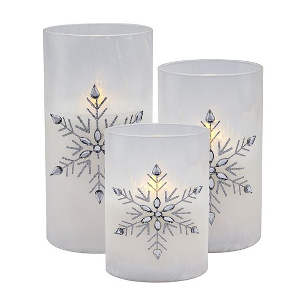 LumaBase Luminarias Battery Operated Glass Snowflake Hurricane Candles ...