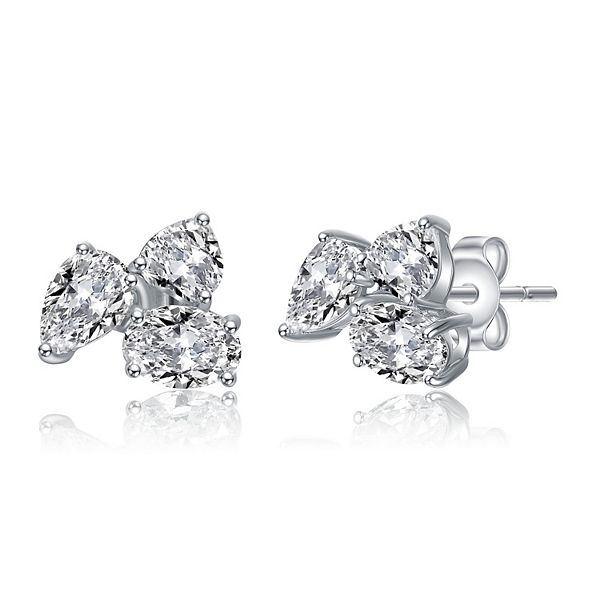 Sterling Silver Cubic Zirconia Triple Cluster Stud Earrings