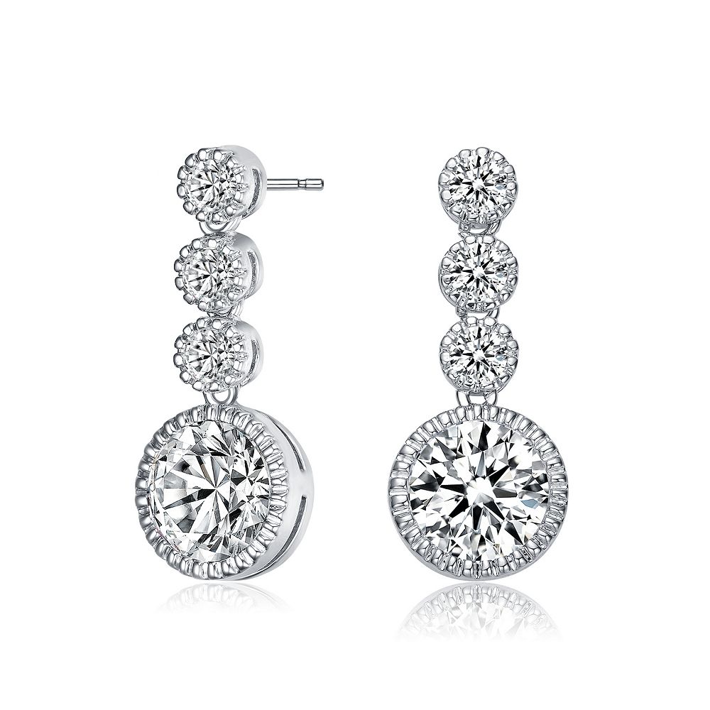 Sterling Silver Cubic Zirconia Bezel Set Three Tier Drop Earrings