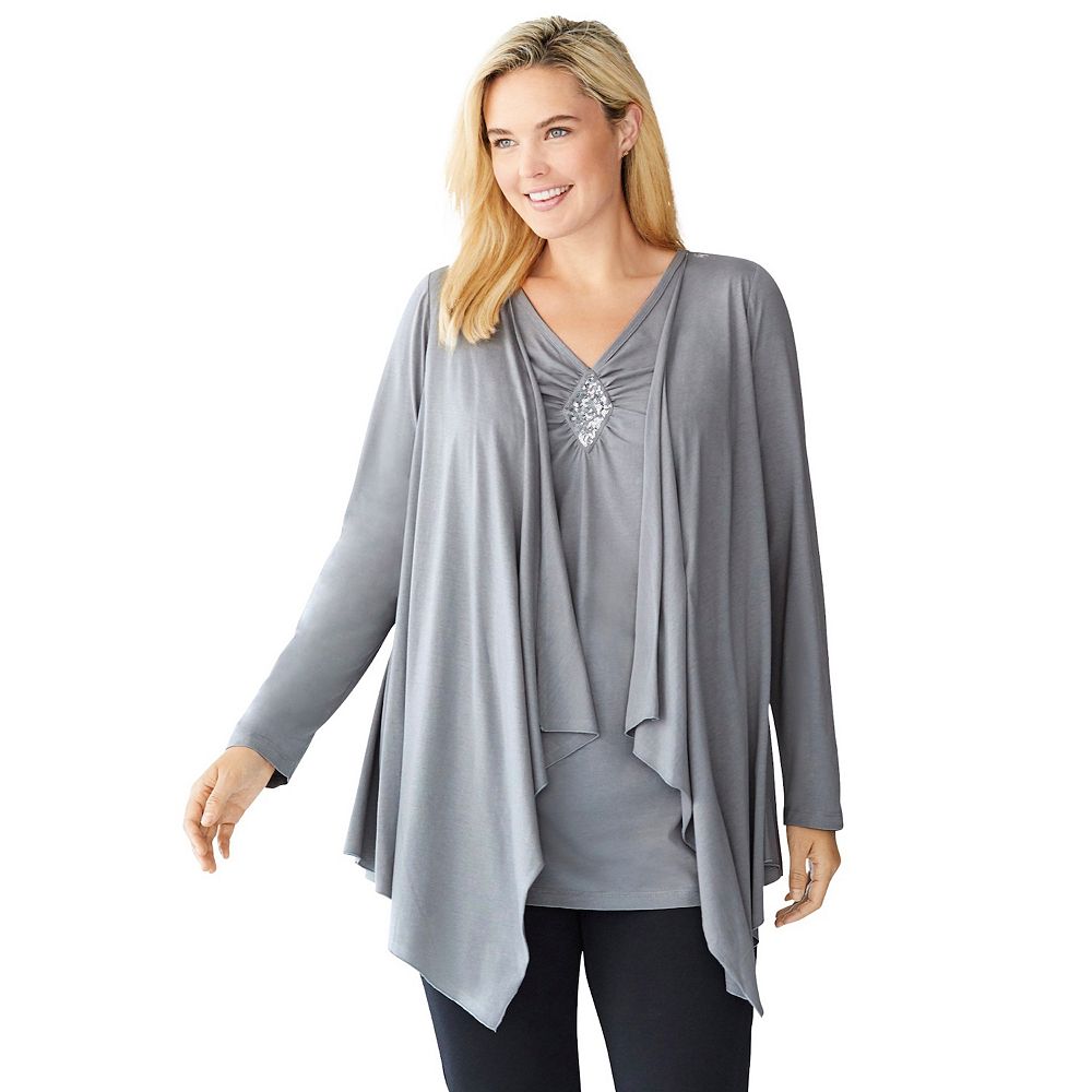 Woman Within Plus Size Layered Look Long Top With Sequined Inset