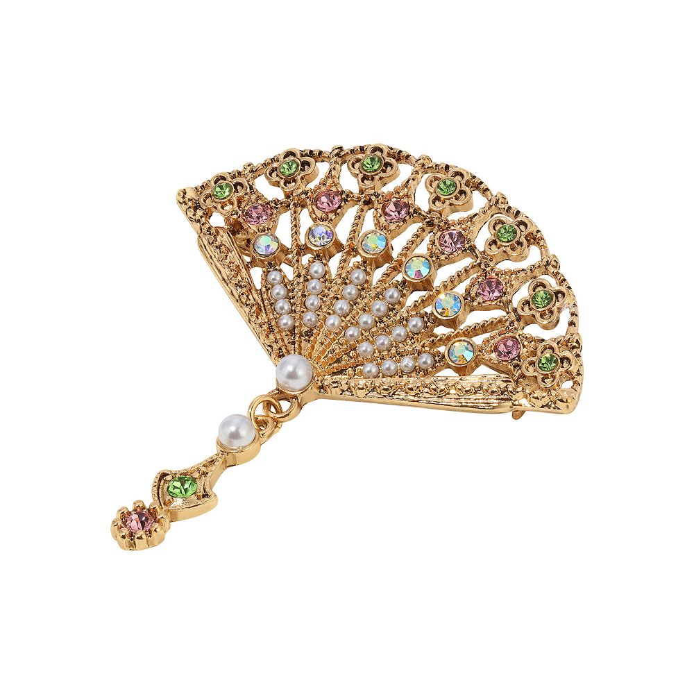 1928 Gold Tone Crystal & Simulated Pearl Fan Pin