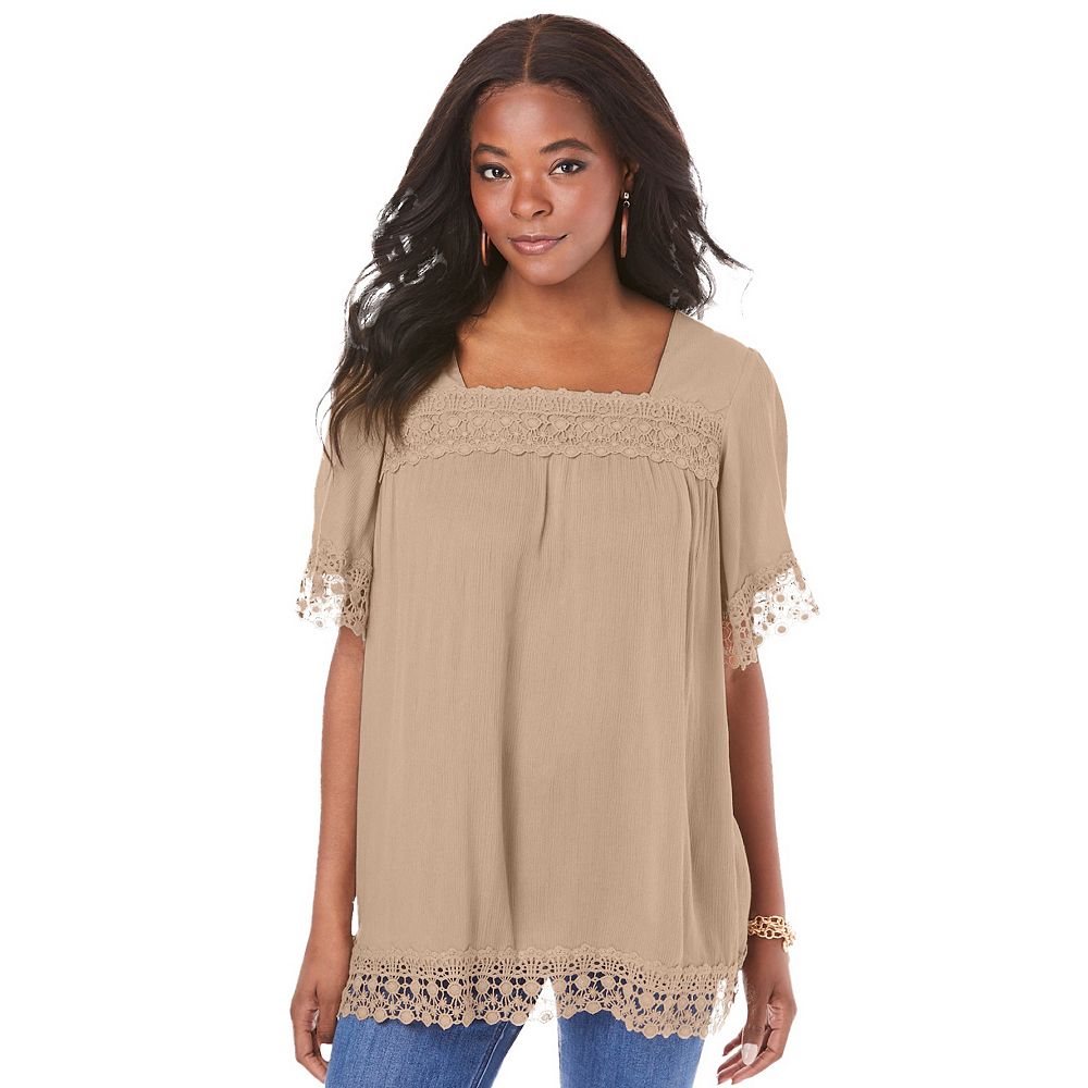 Roaman's Women's Plus Size Hand Crinkled Embroidered Lace Top