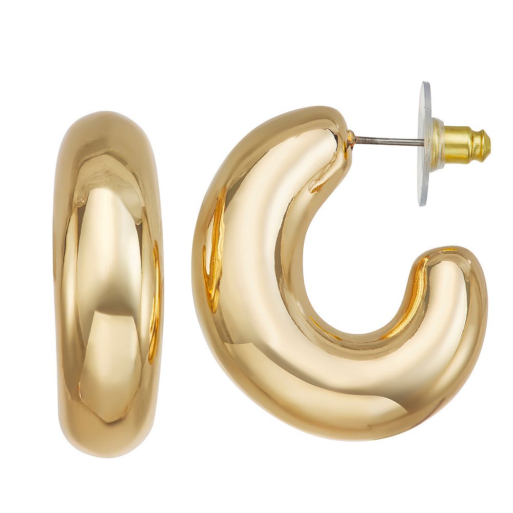 Nine West Silver Tone Puffy C Hoop Post Earrings