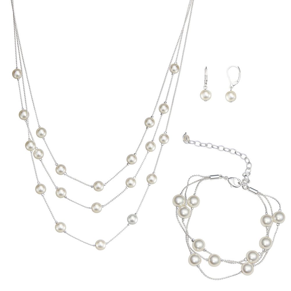 You're Invited Silver Tone Simulated Pearl Multi-Strand Necklace, Multi-Strand Bracelet, & Drop ...
