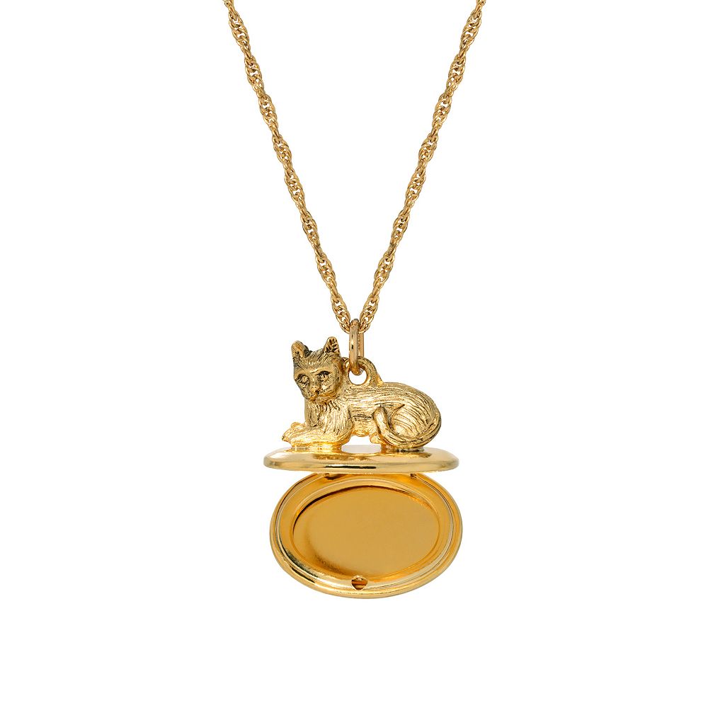 1928 Gold Tone Cat Locket Necklace