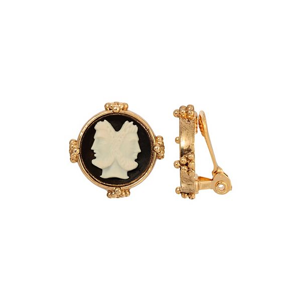1928 Gold Tone Janus Cameo Stud Clip-On Earrings