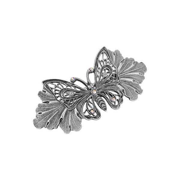 1928 Silver Tone and Crystal Butterfly Hair Barrette
