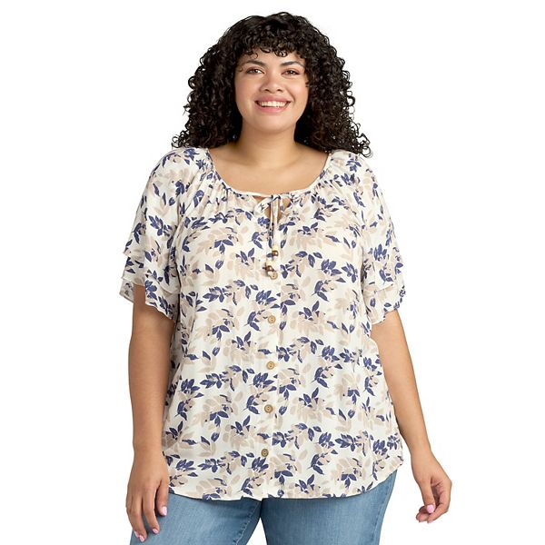 Plus Size AB Studio Flutter Sleeve Button Front Top