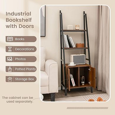 4-tier Ladder Shelf With Cabinet And Metal Frame-rustic Brown
