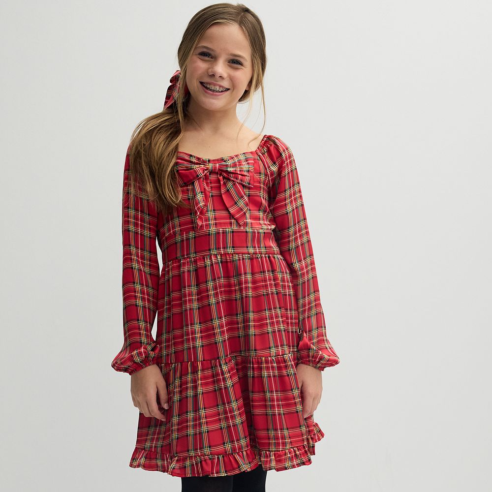 Girls 7-16 Three Pink Hearts Plaid Long Sleeve Dress