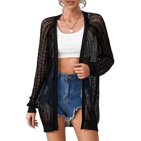 Women Crochet Lightweight Cardigan Cover Up Open Front Long Sleeve ...