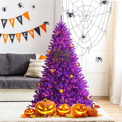 Hivvago Artificial Prelit Purple Halloween Tree With Orange Lights And ...