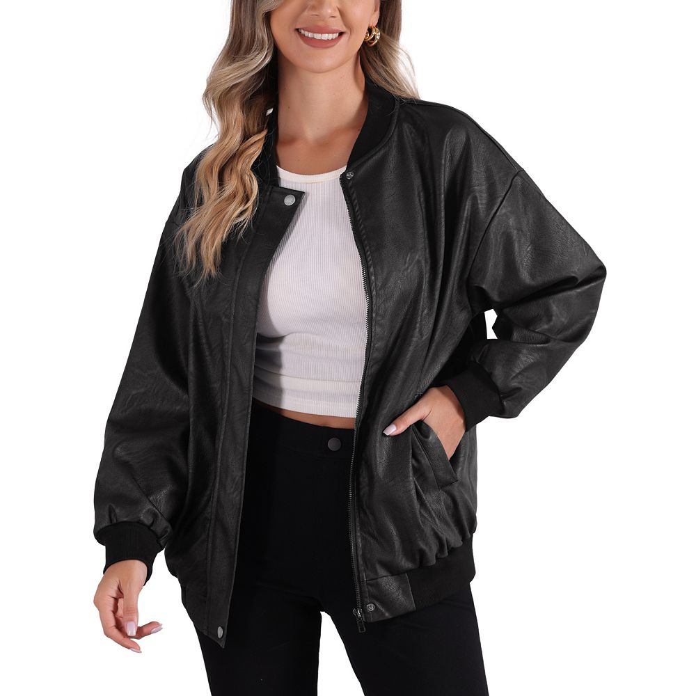 Faux Leather Jacket For Women's Stand Collar Zip Up Oversized Moto Bomber Jackets Coat