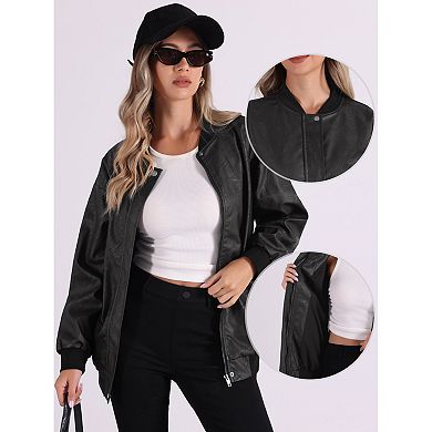 Faux Leather Jacket For Women's Stand Collar Zip Up Oversized Moto Bomber Jackets Coat