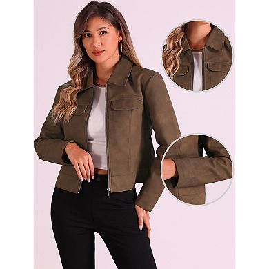 Collar Jacket For Women's Faux Leather Zip Long Sleeve Casual Jackets