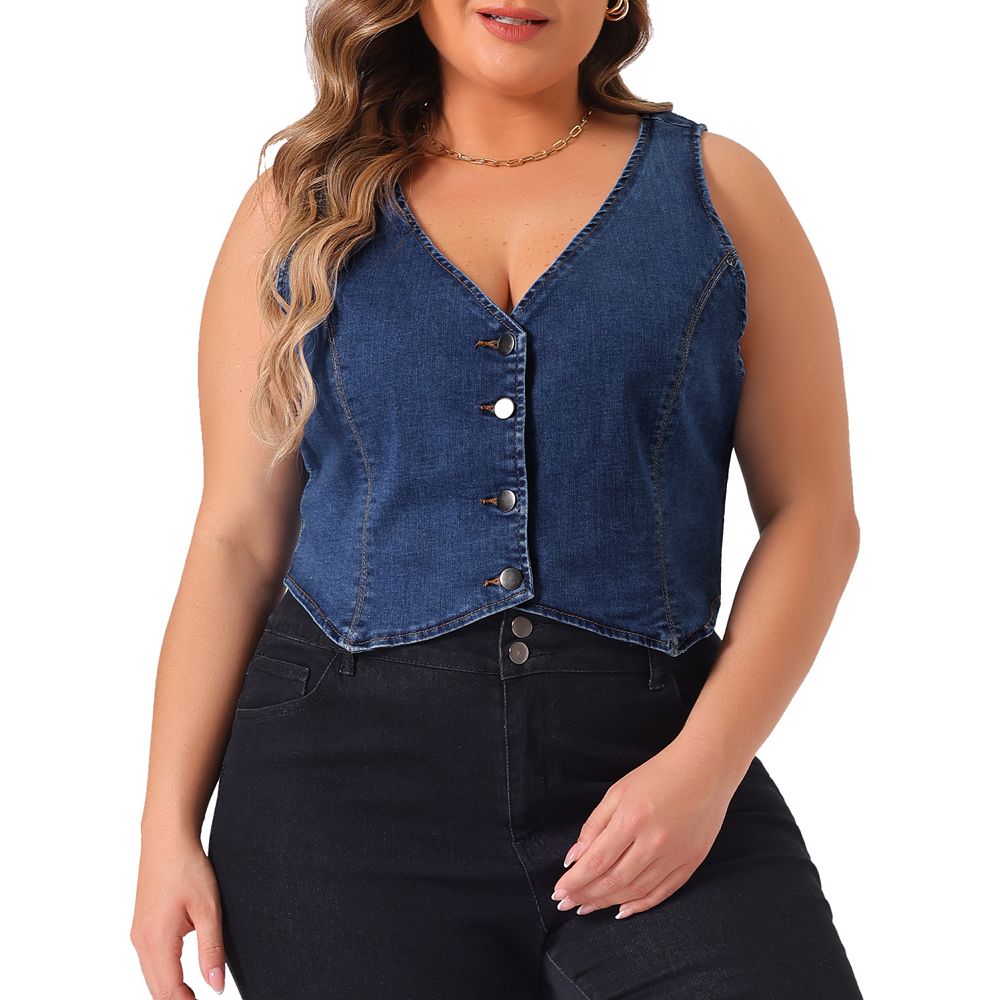 Women's Plus Size Denim Vest Sleeveless V Neck Button Casual Jean ...