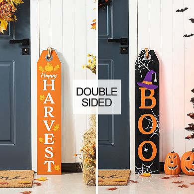Glitzhome 35.5"h Fall/ Halloween Wooden Reversible Tag Porch Sign
