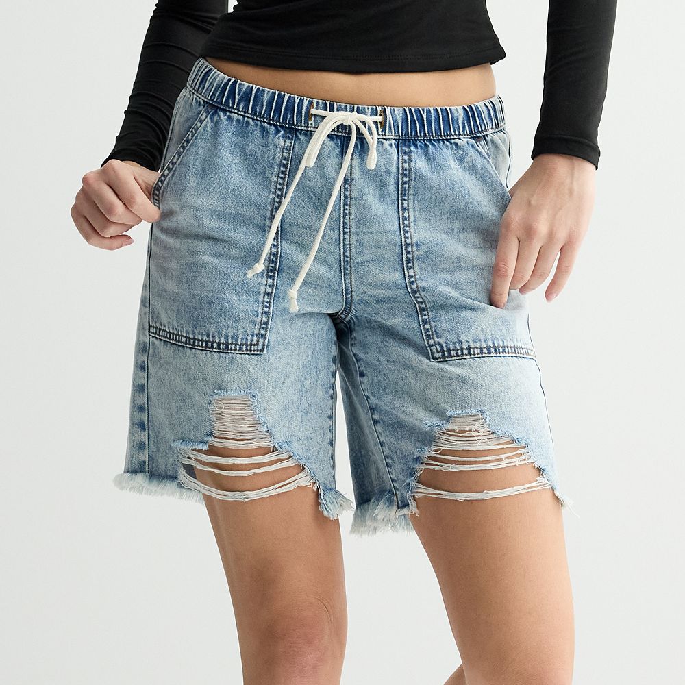 Juniors' Project Indigo Drawstring Destructed Jean Shorts