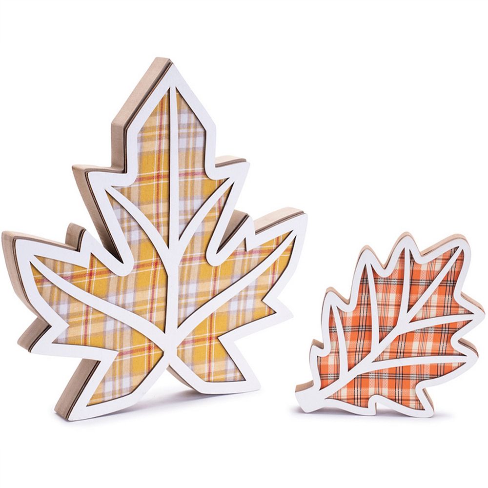 Premium Plaid Leaf Shelf Sitters - Set of 2 Fall Harvest Decorations ...