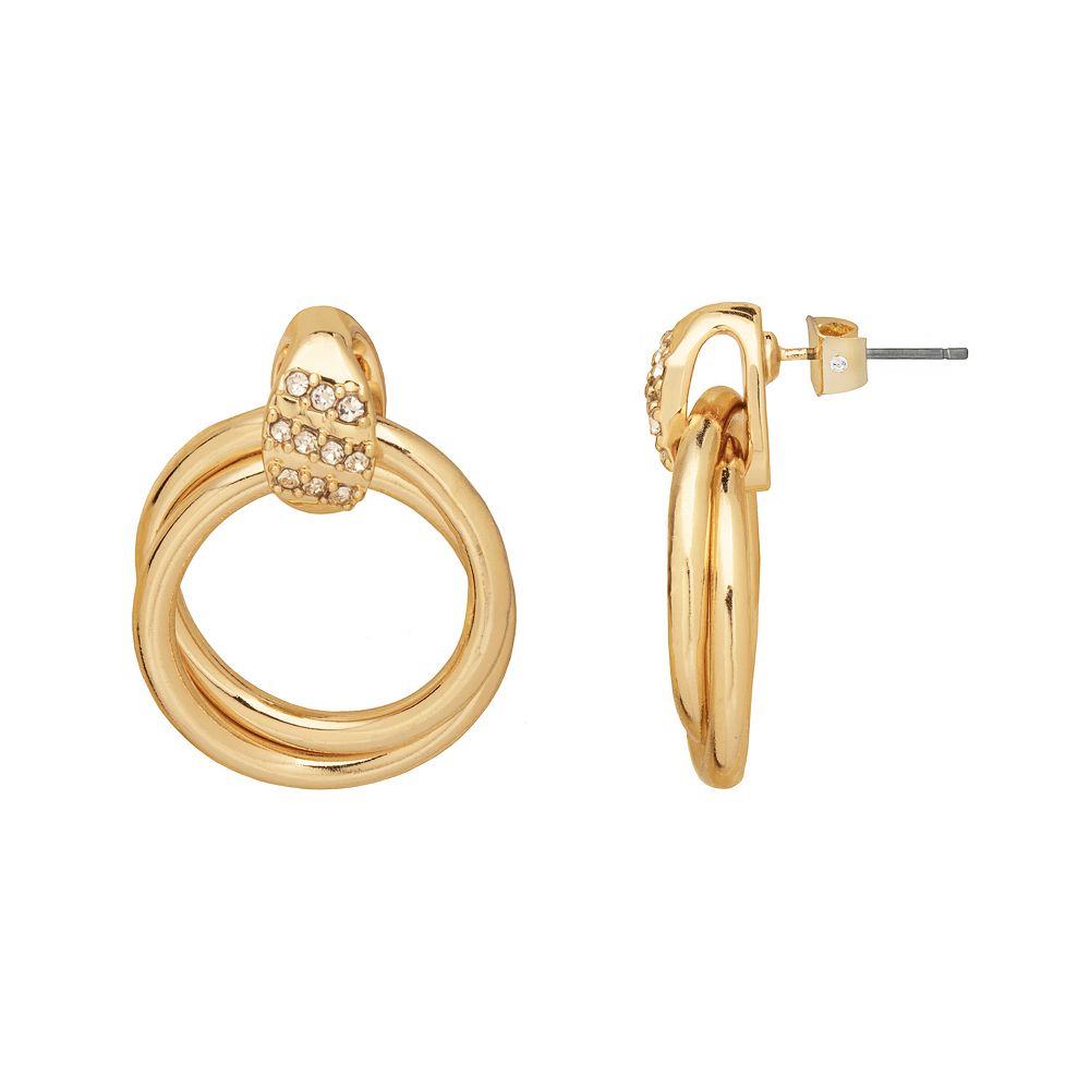 Emberly Gold Tone Glass Stone Topper Circle Link Drop Hoop Earrings