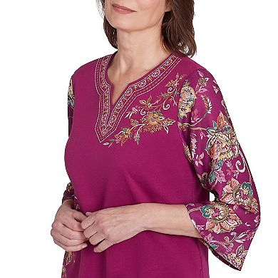 Petite Alfred Dunner Embroidered Floral Split Neck Top