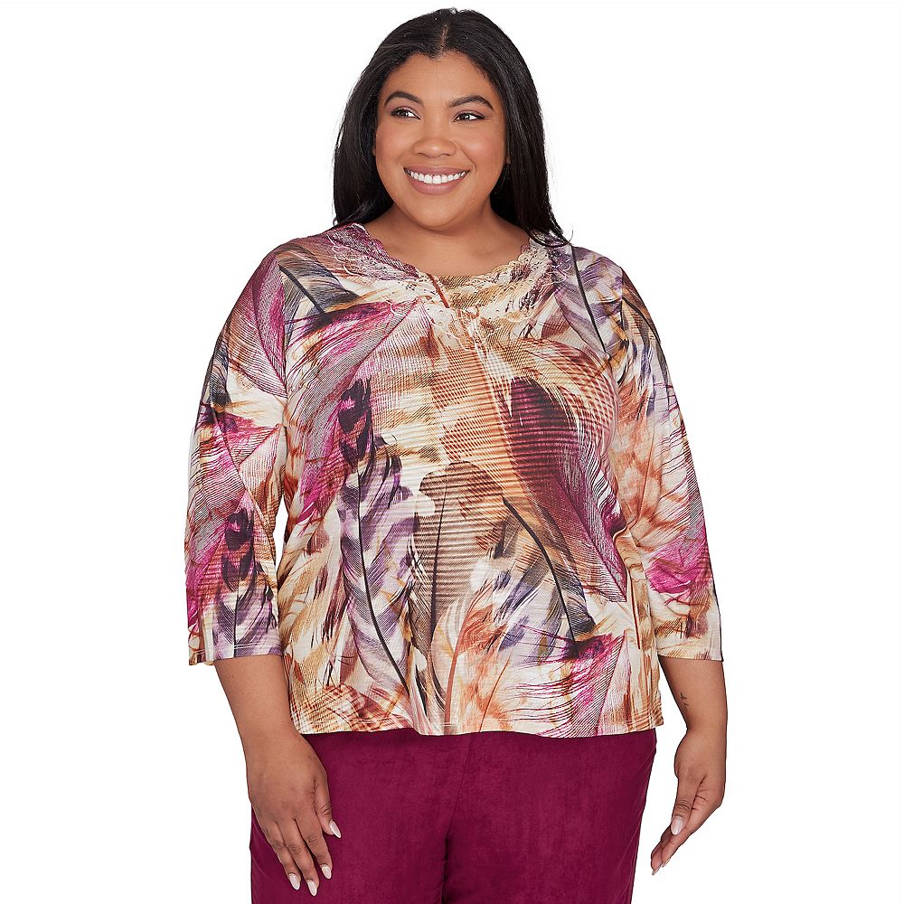 Plus Size Alfred Dunner Feather Lace Detail Crewneck Top