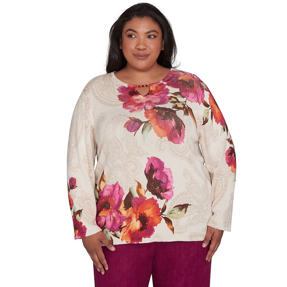Plus Size Alfred Dunner Watercolor Floral Beaded Split Neck Top
