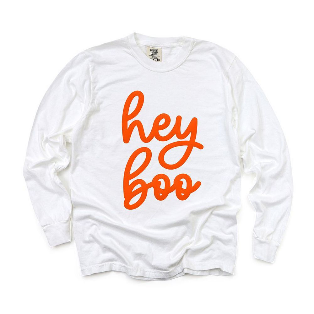 Hey Boo Cursive Puff Print Garment Dyed Long Sleeve Tees