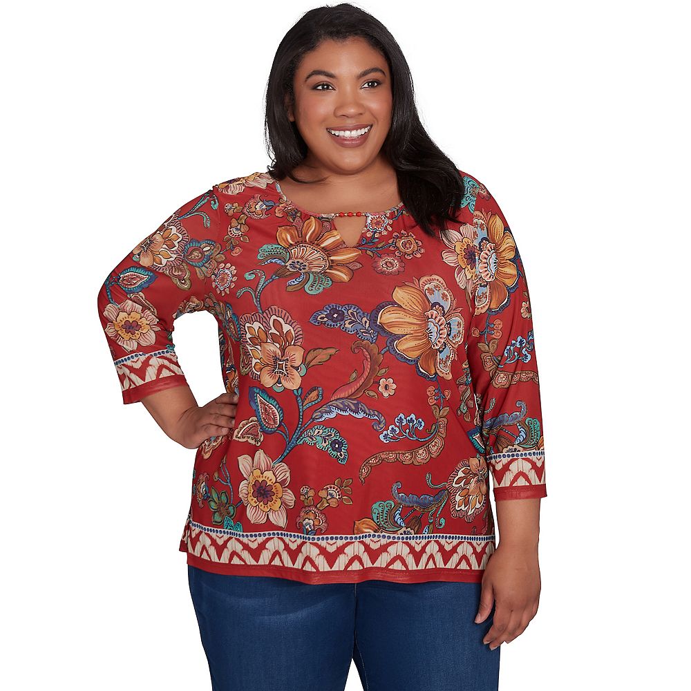 Plus Size Alfred Dunner Floral Border Mesh Split Neck Top