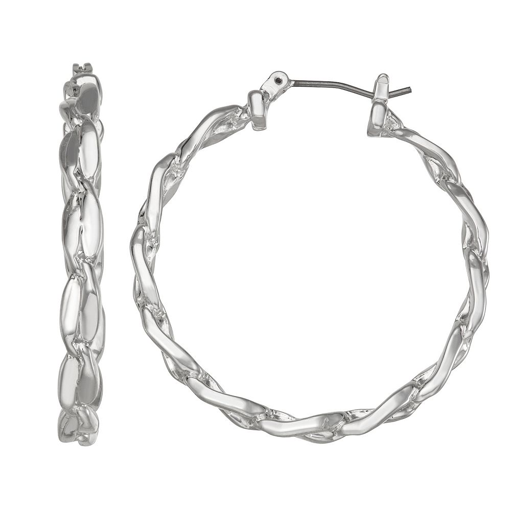 Nine West Silver Tone Clickit Twist Hoop Earrings