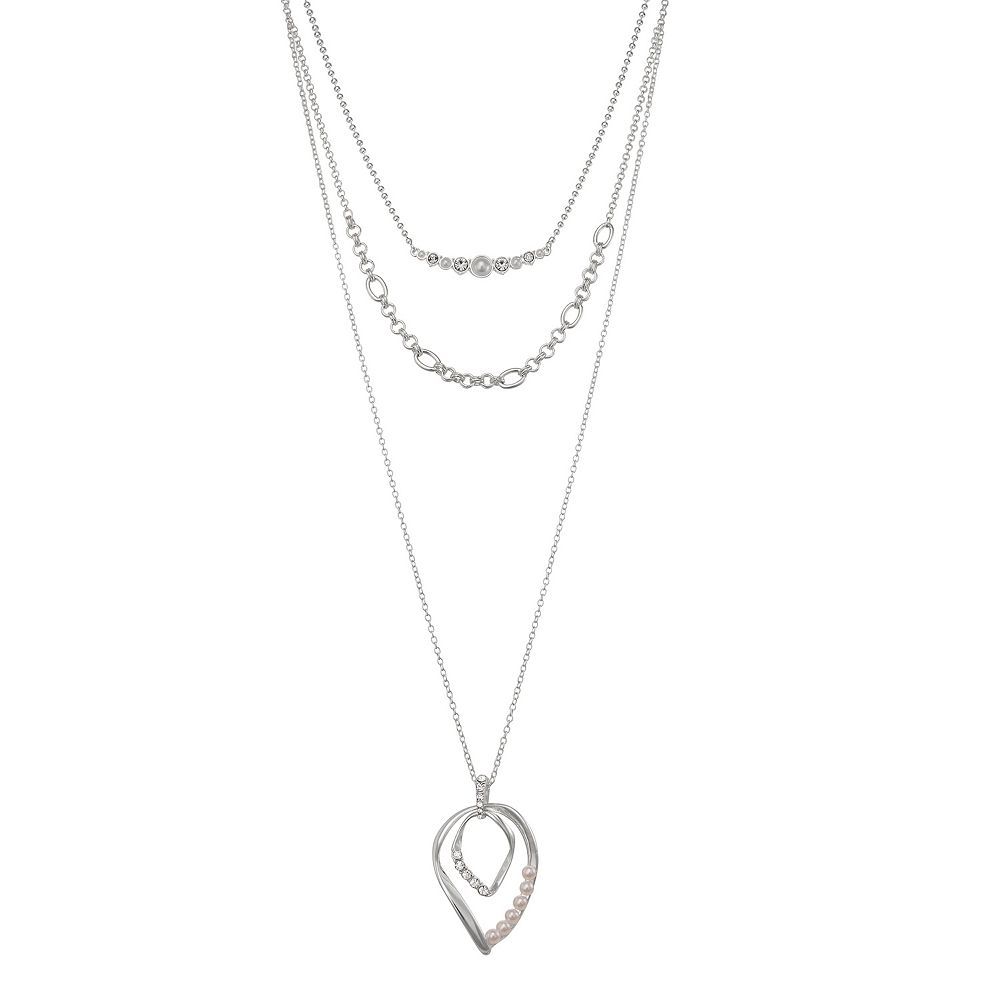 Nine West Silver Tone Crystal & Simulated Pearl Multi-Row Necklace