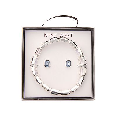 Nine West Silver-Tone and Denim Blue Gem Stretch Bracelet and Earrings Set