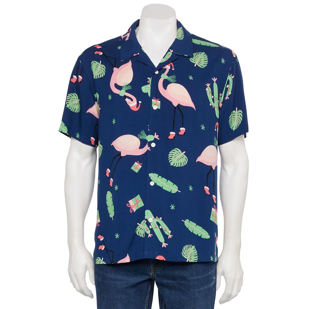 Men's Holiday Flamingo & Cactus Allover Print Short Sleeve Button Down ...