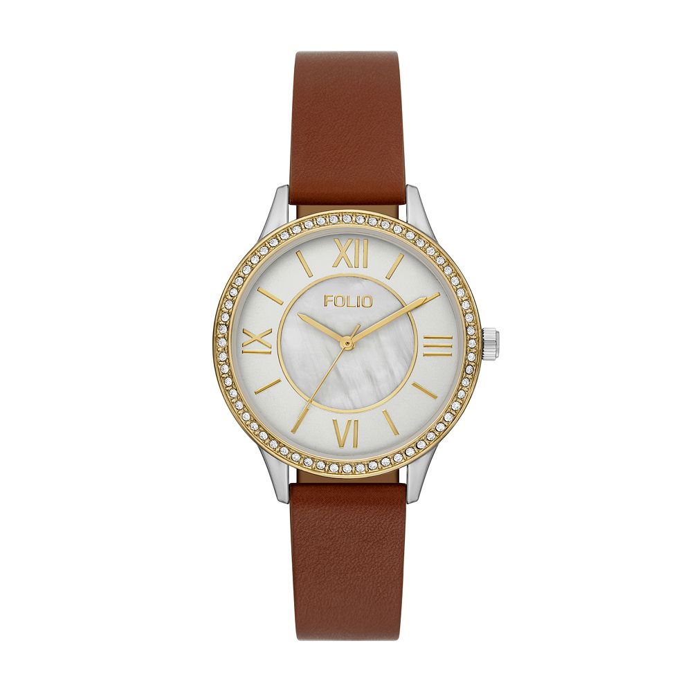 Folio Women's Faux Leather Simulated Chrystal Sunray Dial Watch
