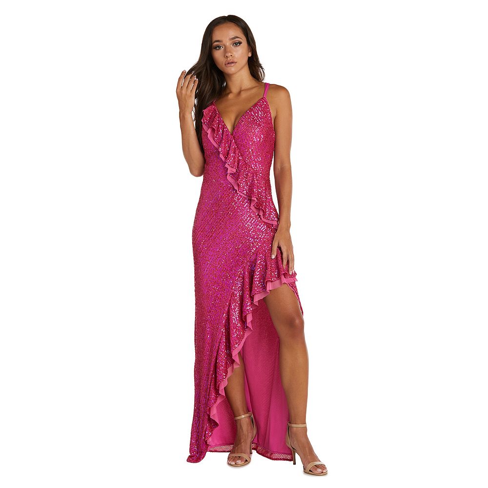 Juniors' Morgan And Co Long V Front Dress with Side Ruffle Draped Hi Lo ...