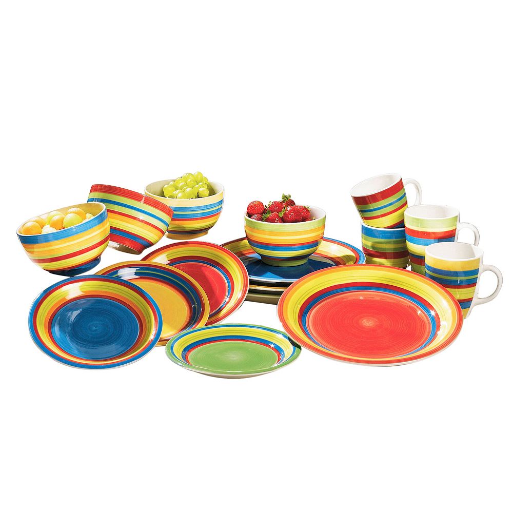 BrylaneHome 16 Piece Santa Fe Hand-Painted Striped Stoneware Dinnerware Set