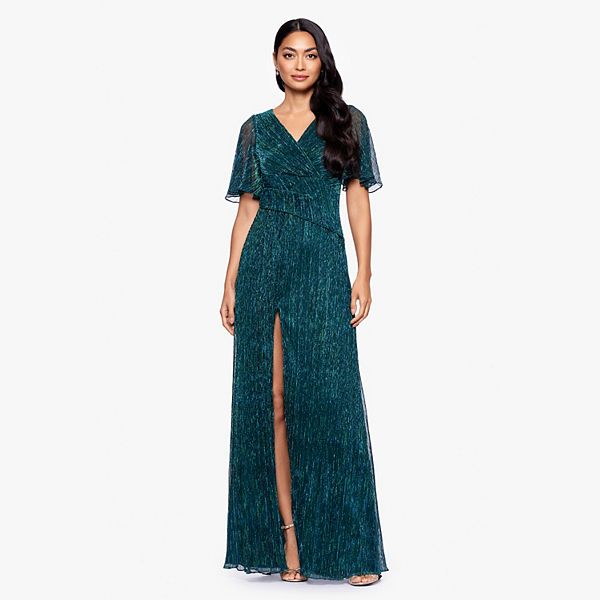 Women's BA Nites Long Metallic Knit V-Neck Short Sleeve Dress