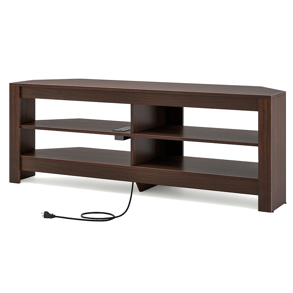 Corner Tv Stand With Power Outlet And 4 Open Storage Shelves