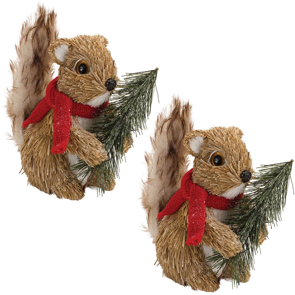 Festive Squirrel with Tree Decorations - Set of 2, 5.5"H, Foam and Sisal