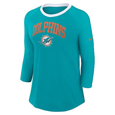 Women's Nike Aqua Miami Dolphins Raglan 3/4 Sleeve T-Shirt